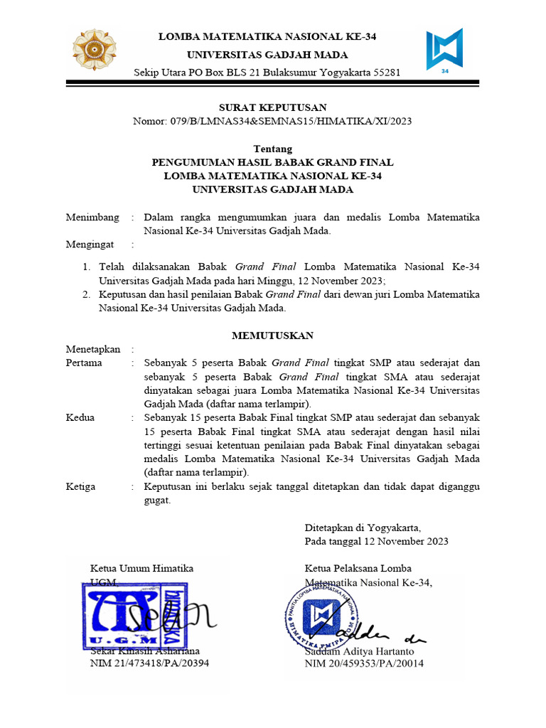 Surat Keputusan Babak Grand Final LMNas 34 UGM | PDF
