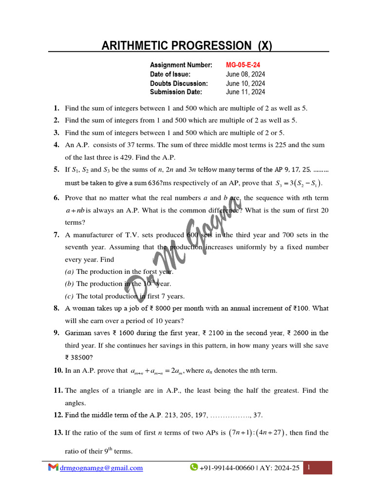 Arithmetic Progression (X) : How Many Terms of The AP 9, 17, 25, Must Be Taken To Give A Sum 636 ...