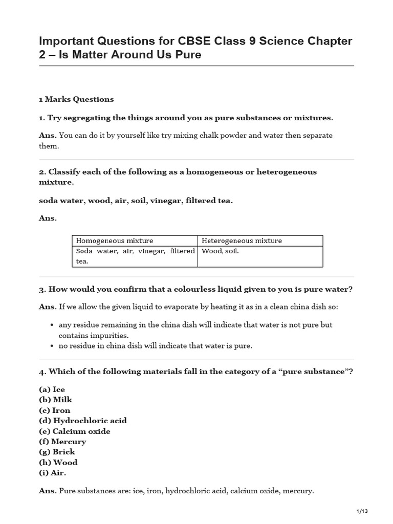 Important Question Cbse Class 9 Science Chapter 2 Is Matter Around Us