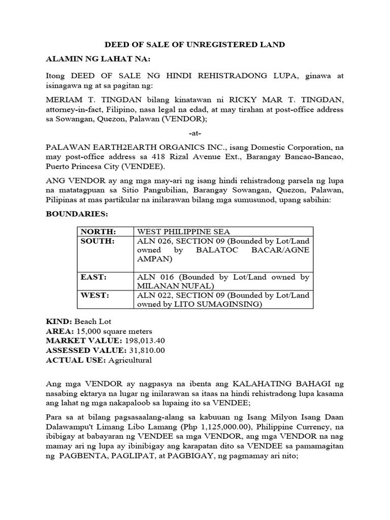 DEED OF SALE OF UNREGISTERED LAND - Ricky Mar | PDF