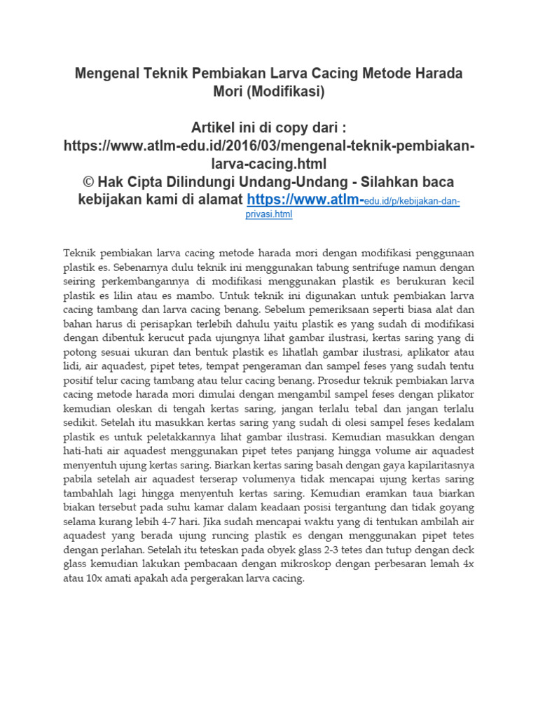 Mengenal Teknik Pembiakan Larva Cacing Metode Harada Mori | PDF