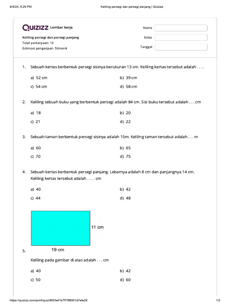 K3- Keliling persegi dan persegi panjang _ Quizizz | PDF