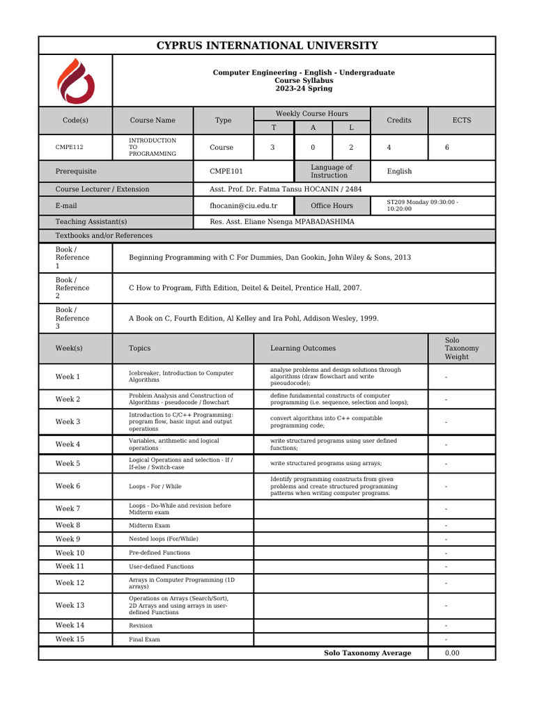 CMPE112 GR02 (122519) Syllabus | PDF | Engineering | Algorithms