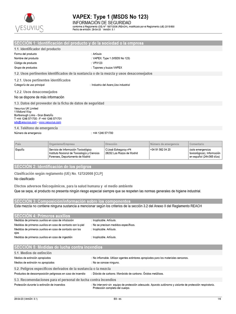VAPEX Type 1 (MSDS No 123) - VPX123-VESUVIUS - SDS - EU - ARTICLE-ES - ES-3.1 | PDF | Toxicidad