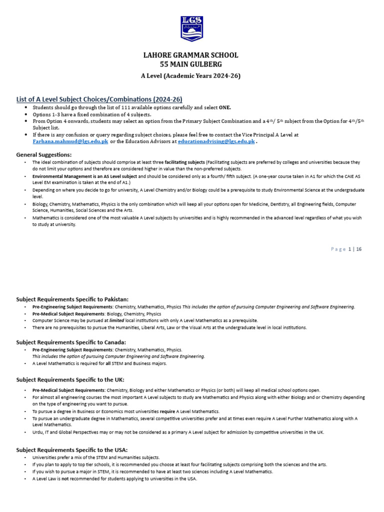Subject Combinations A Level Batch 2024 26 | PDF | Science | Sociology