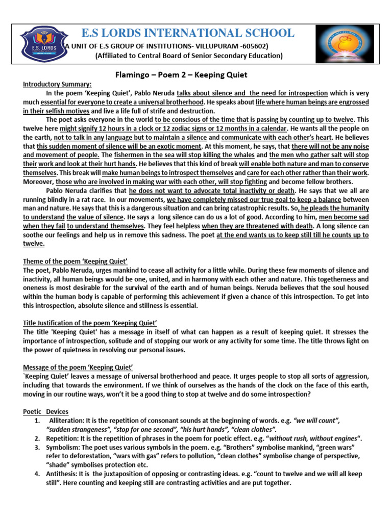 Theme and Message of Keeping Quiet | PDF | Silence | Poetry