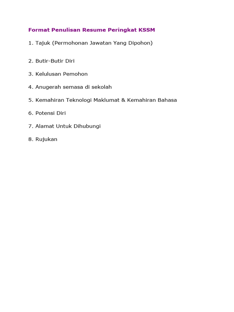 Format Penulisan Resume Peringkat KSSM | PDF