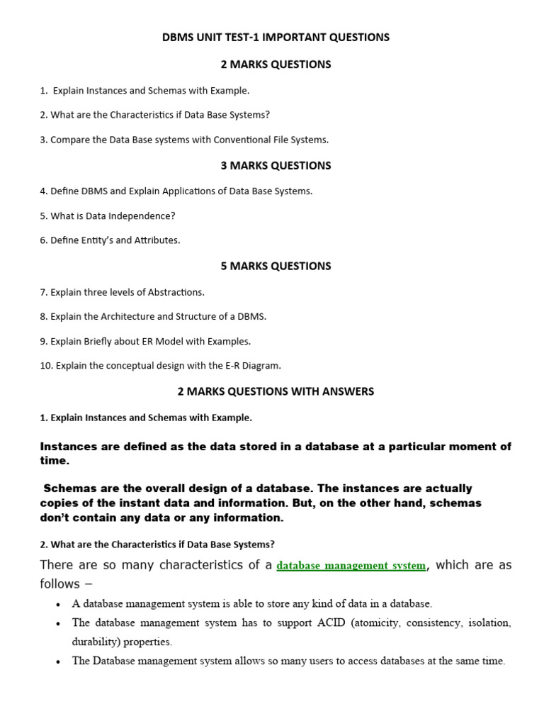 Dbms Unit Test-1 Question Bank | PDF | Databases | Conceptual Model