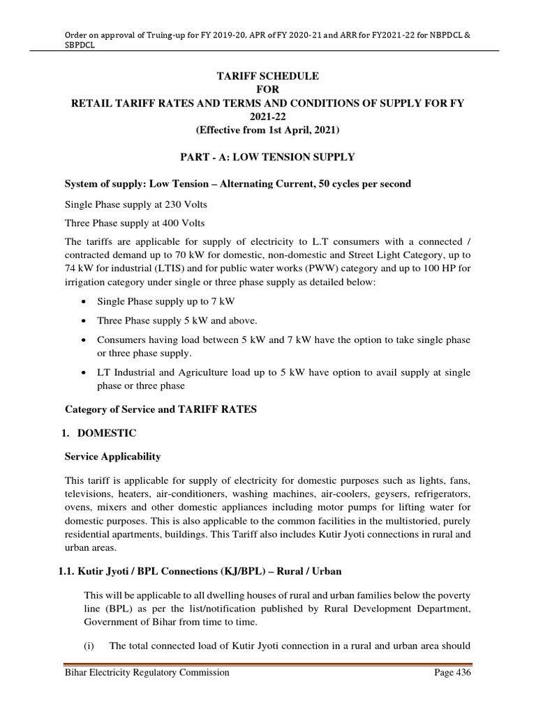 KJ/BPL Tariff Rates for FY 2021-22 | PDF | Taxes | Interest