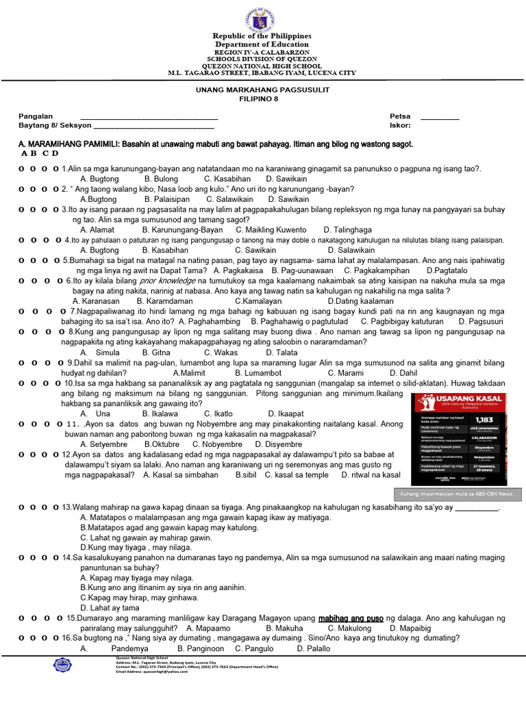 G8 Unang Markahan Pagsusulit | PDF