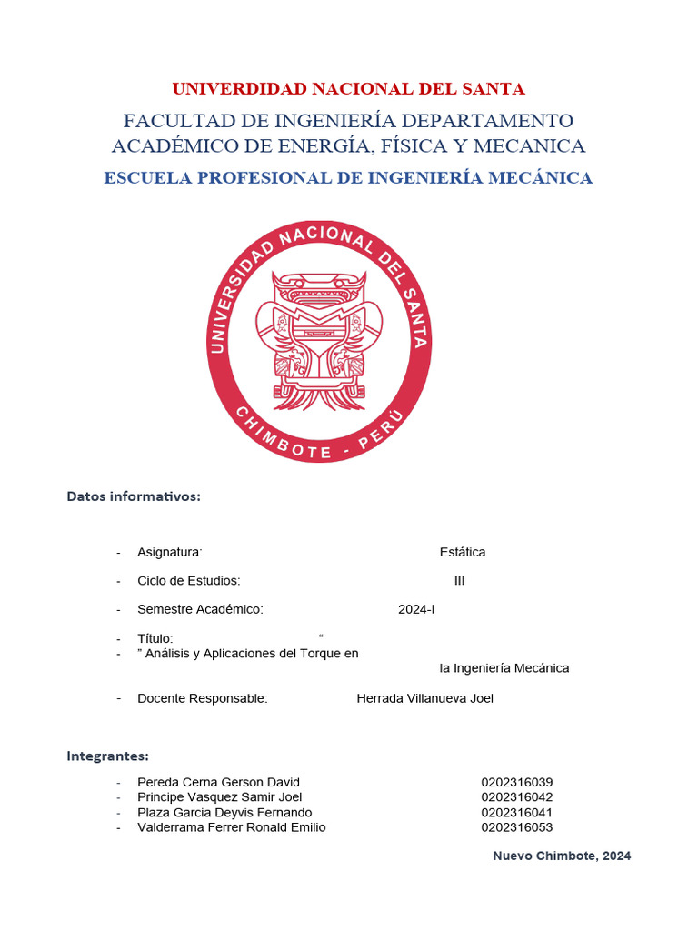 Informe de Estatica | PDF | Esfuerzo de torsión | Momento angular