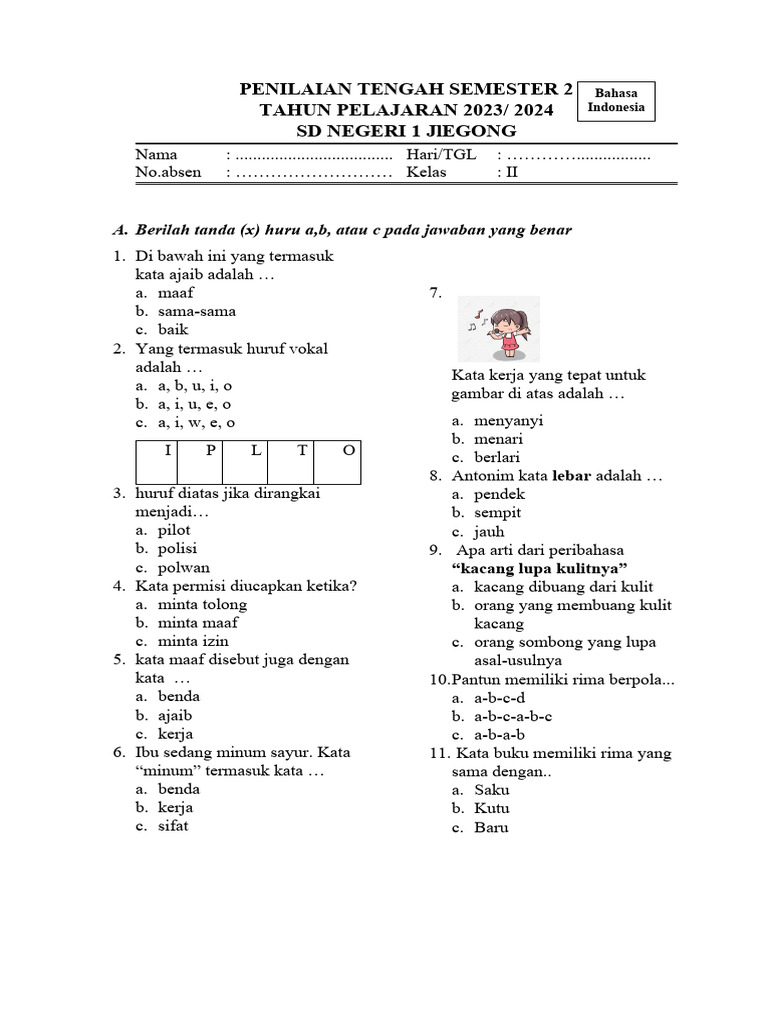 Soal PTS B.indo 2023.2024 SD Jombor | PDF