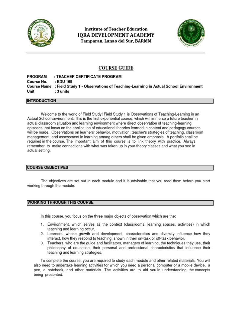 COURSE GUIDE - EDU 170 Field Study 1 (2022) | PDF | Learning ...
