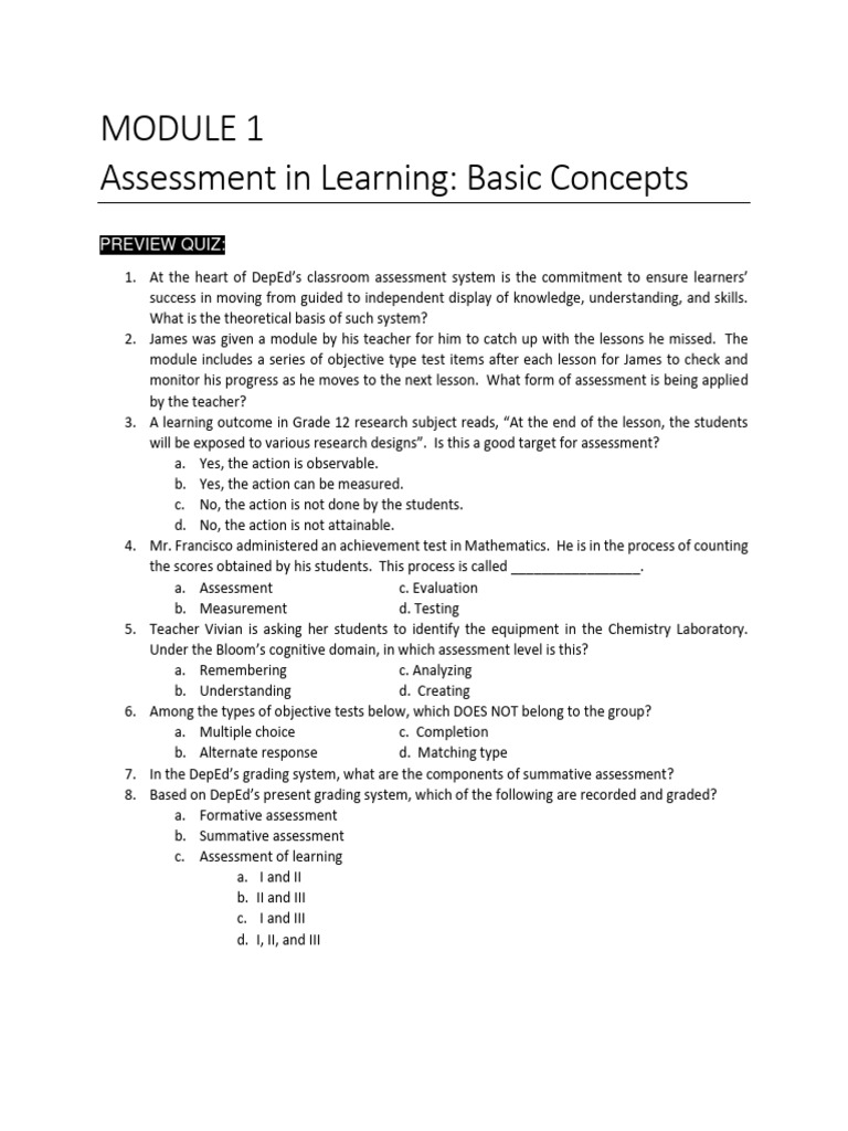 Module 1 - Assessment of Learning (Basic Concepts in Assessment) (1) | PDF | Educational ...