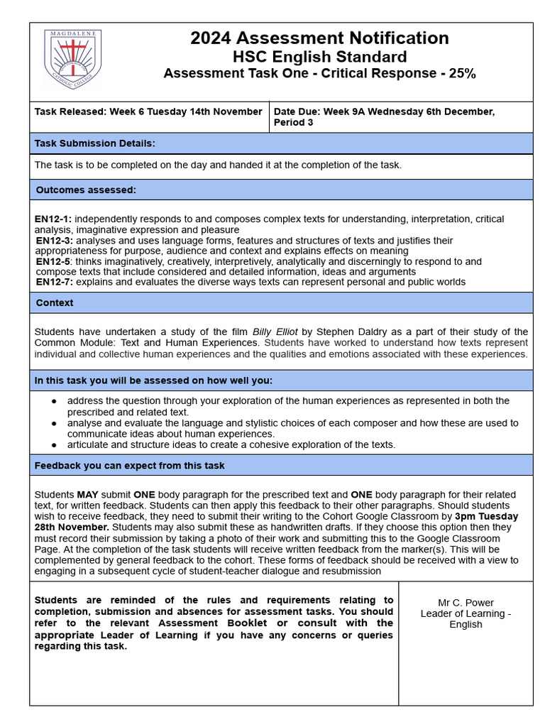 2024 HSC English Standard Task 1 Notification | PDF | Experience ...
