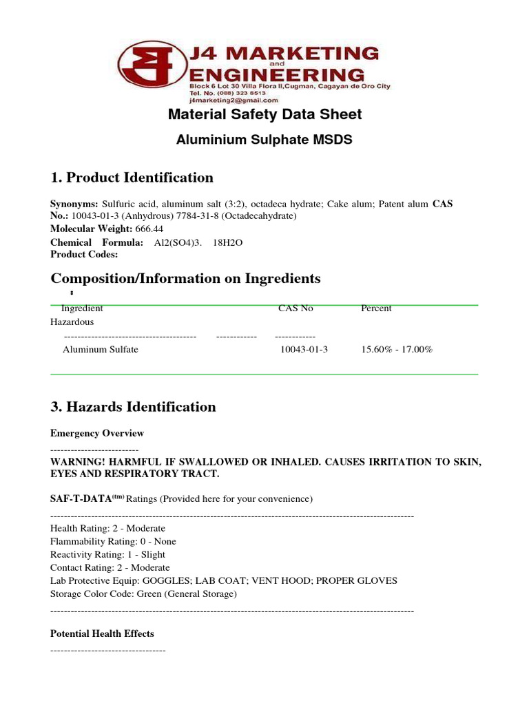 MSDS Aluminium Sulphate 1 - 240422 - 111547 | PDF | Chemistry