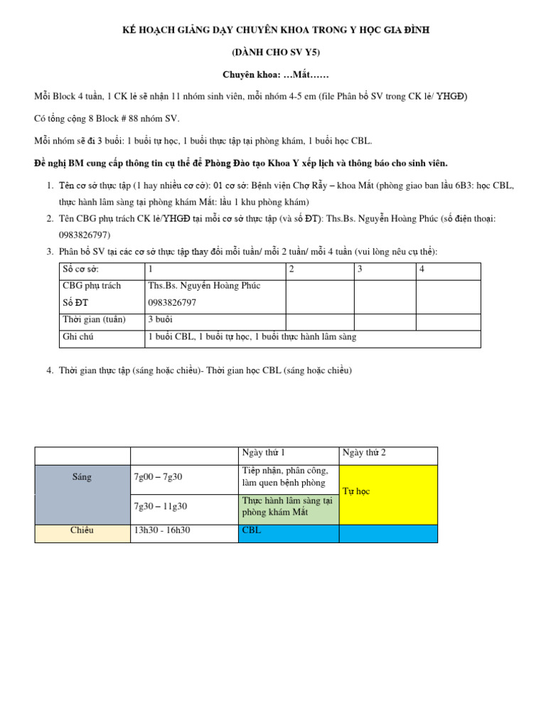 KẾ HOẠCH GIẢNG DẠY Chuyên Khoa MẮT-YHGD | PDF