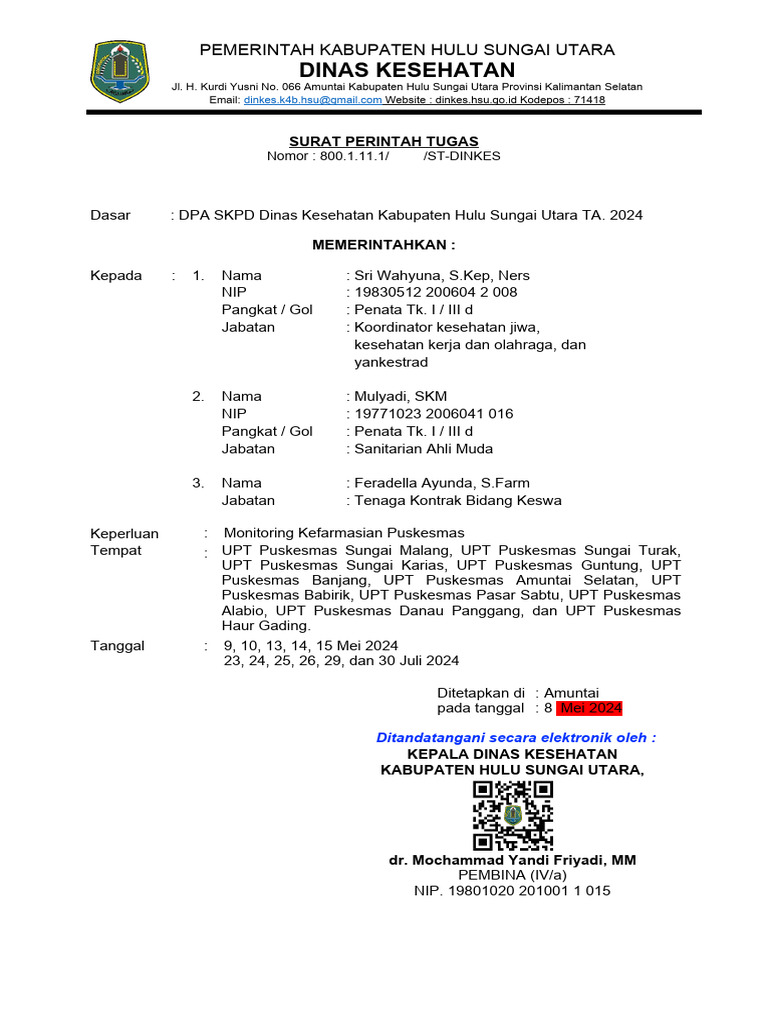 Surat Tugas TTE DAN SRIKANDI MONITORING KEFARMASIAN PUSKESMAS | PDF