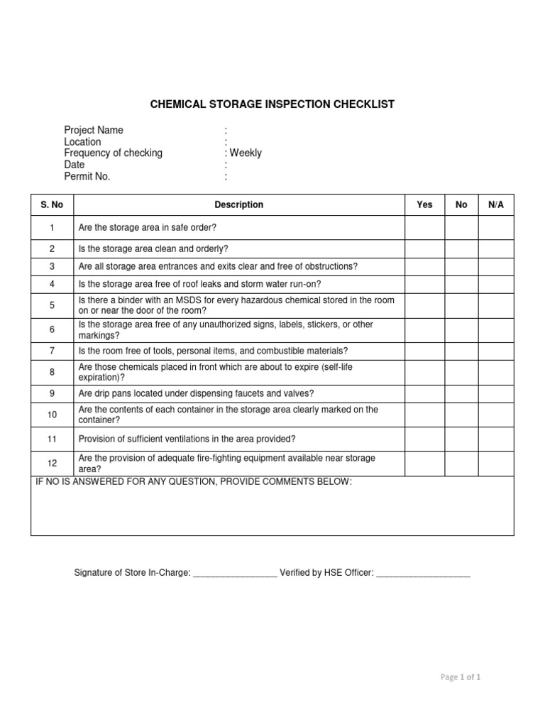 Chemical Storage Inspection Checklist | PDF