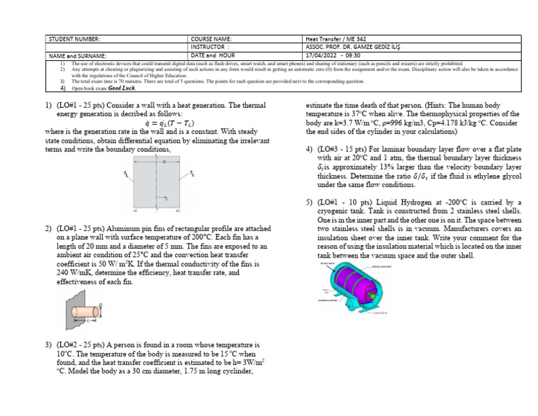 2022 - 2023 ME342 - HT - Midterm | PDF | Heat Transfer | Boundary Layer