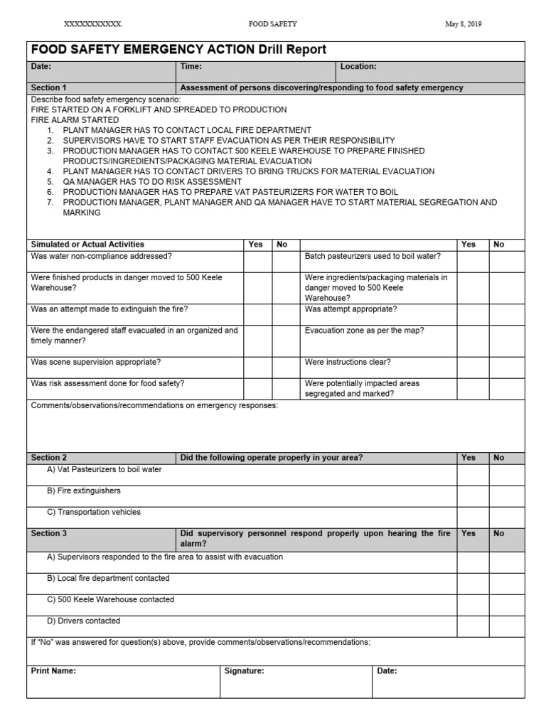 Food Safety Emergency Action Drill Report - SAMPLE | PDF | Emergency ...