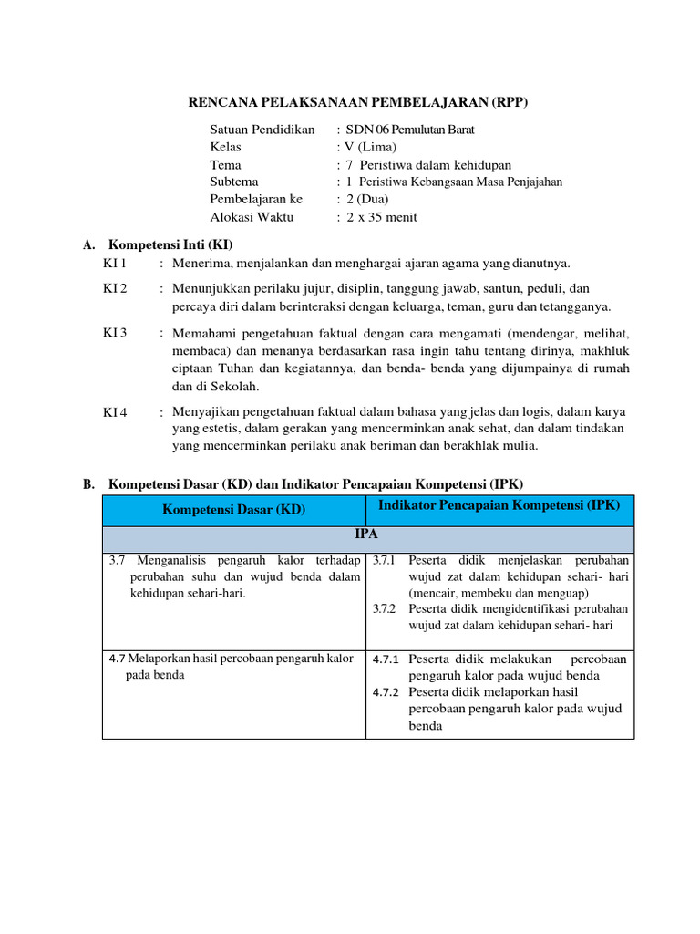 Tri Widharti - RPP KLS 5 Tema 7 Subtema 1 Pem 2-1 | PDF | Sains & Matematika