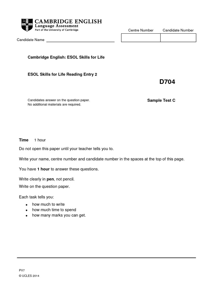 ESOL Entry 2 Reading Exam Practice | PDF