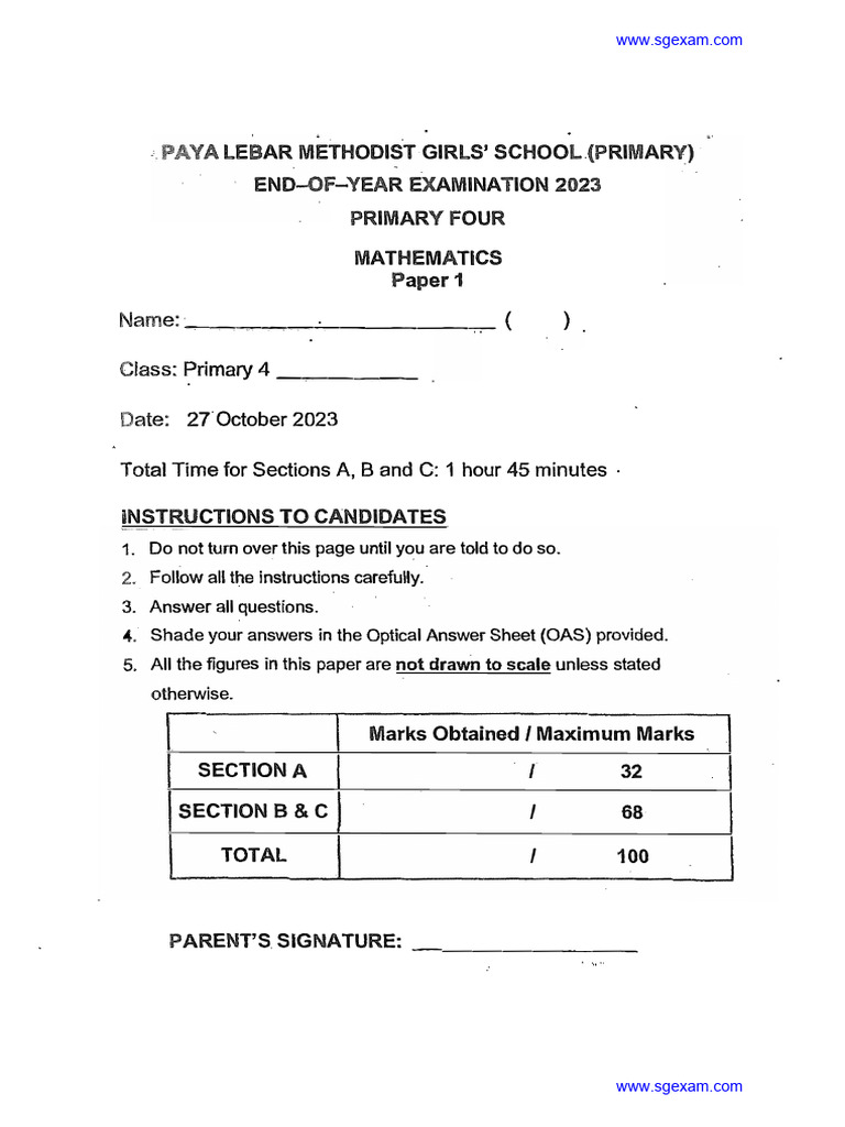 2023-P4-Maths-End of Year Exam-PLMGS | PDF | Educational Institutions ...