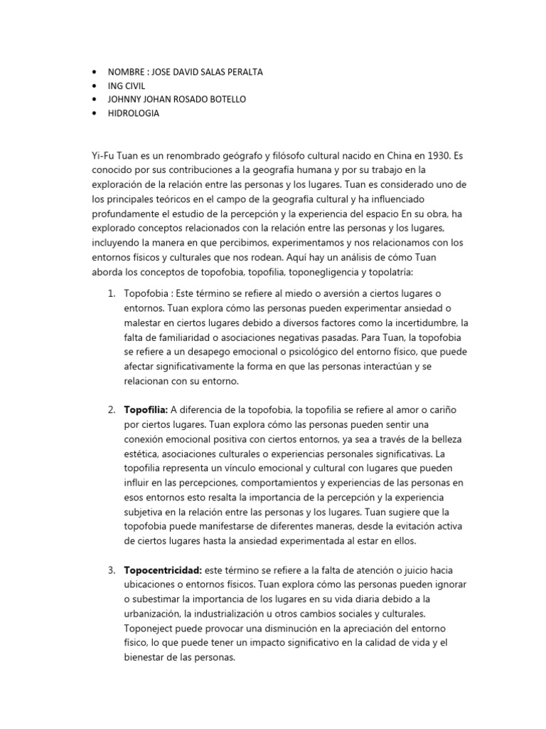 Conceptos de Yi-Fu Tuan: Topofobia y Topofilia | PDF | Experiencia ...