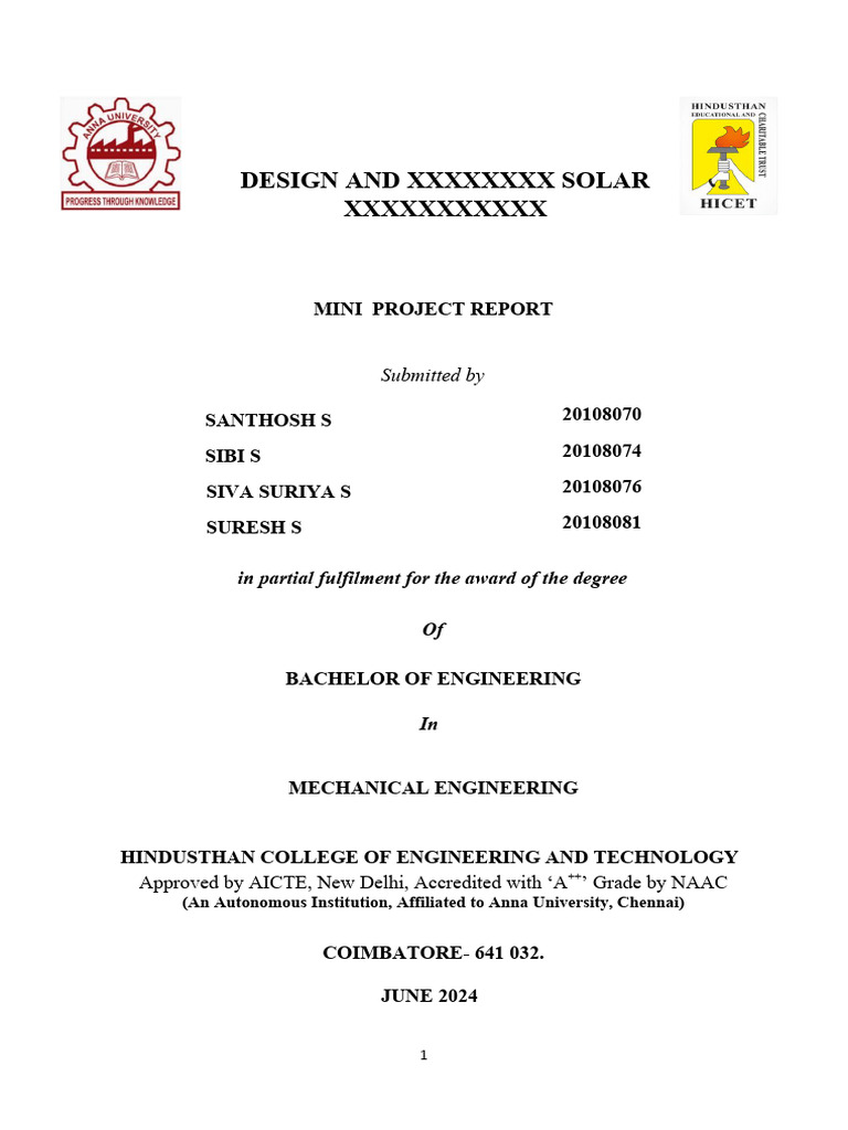 Mini Project Sample Report Format - 2022-2026 - Batch | PDF | Photovoltaic System | Electric Motor