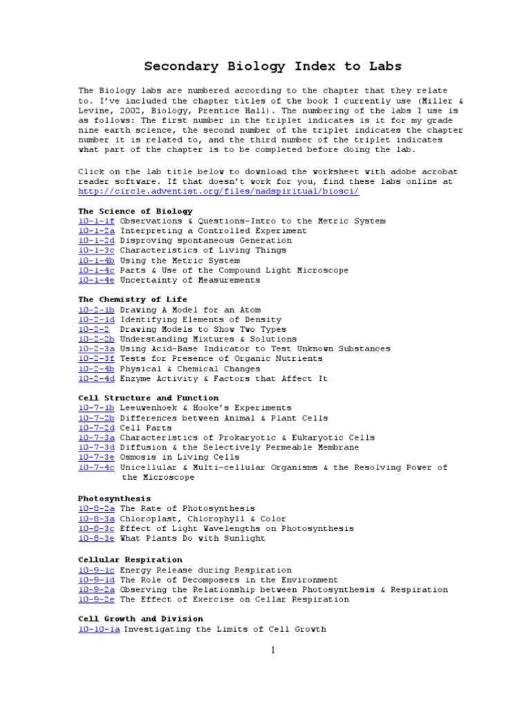 Secondary Biology Index To Labs: The Science of Biology | PDF | Cell ...
