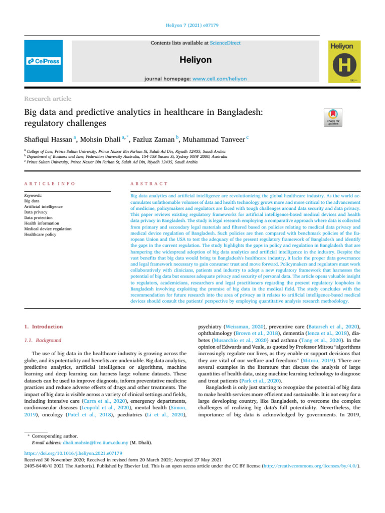 Big Data and Predictive Analytics in Healthcare in Bangladesh (Regulatory Challenges) | PDF ...