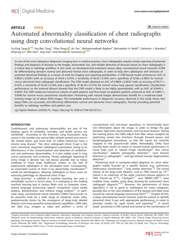 Automated Abnormality Classi Fication Of Chest Radiographs Using Deep Convolutional Neural