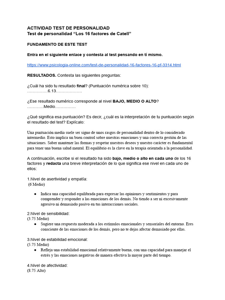 Test Personalidad "16 PF" PS | PDF | Las emociones | Sicología