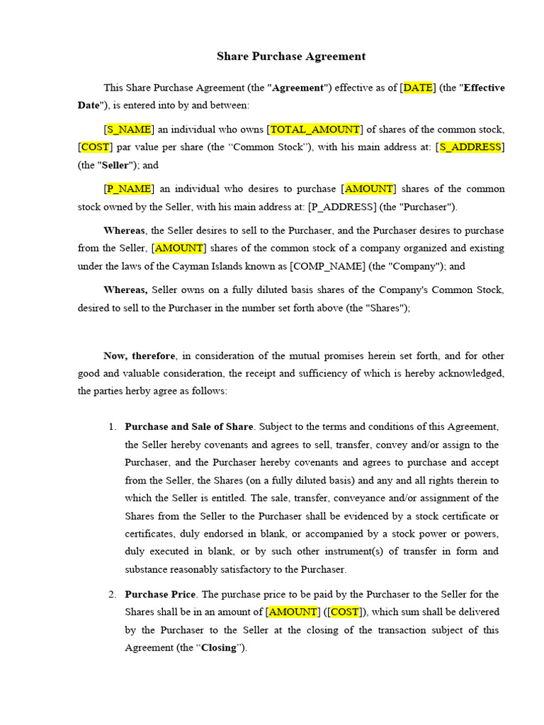Share Purchase Agreement Template | PDF | Stocks | Mail
