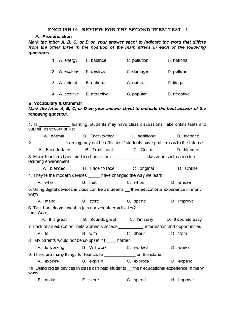 English 10 - Review For The Second Term Test - 1 | PDF | Natural ...