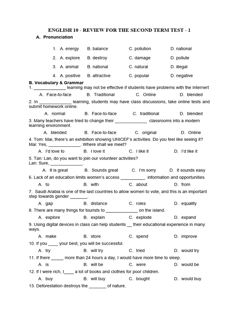 English 10 - Review For The Second Term Test - 1 | PDF | Environmental ...