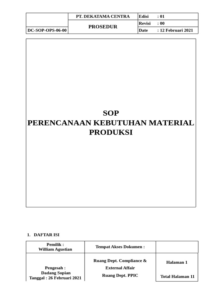 SOP Perencanaan Kebutuhan Material Produksi | PDF
