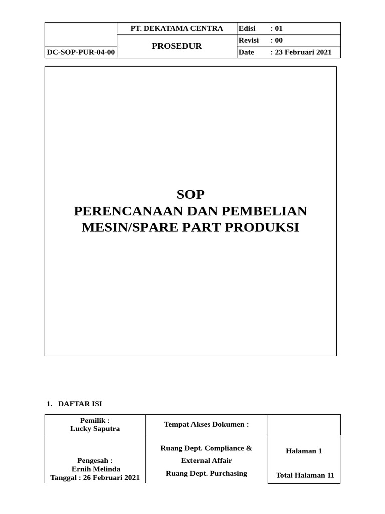 SOP Pembelian Mesin di PT. Dekatama | PDF