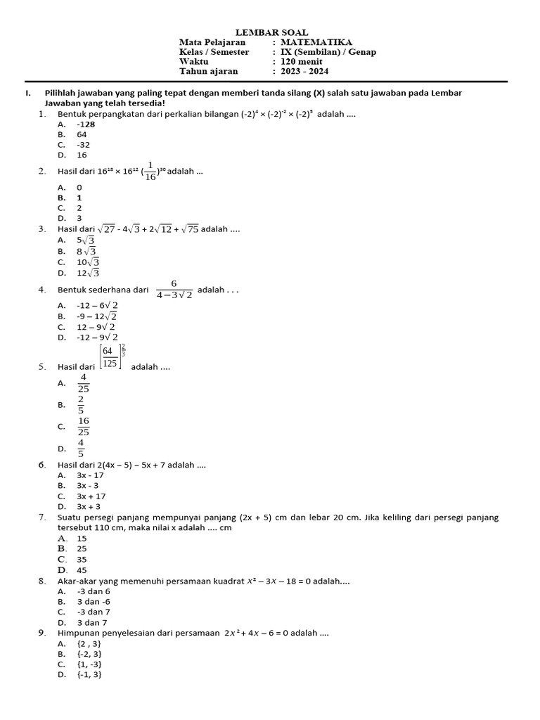 SOAL PAT MTK Kelas 9 40 Soal 2023 | PDF