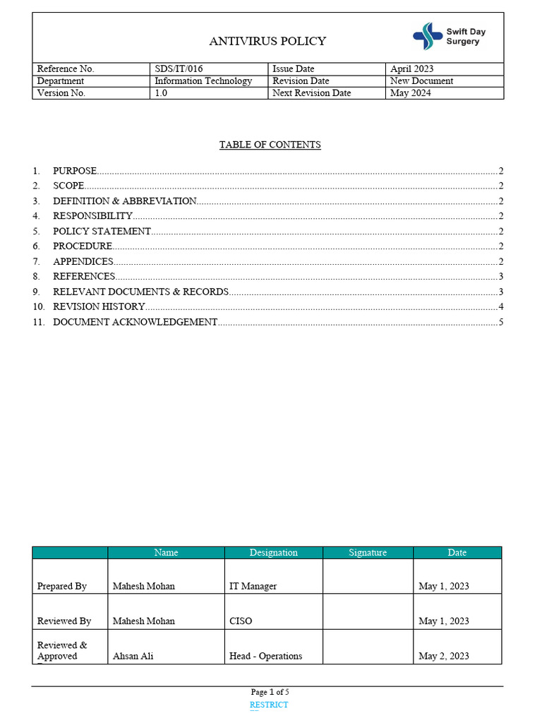 SECTION B OM Policy SDS-IT-016 - ANTIVIRUS POLICY | PDF | Computer ...