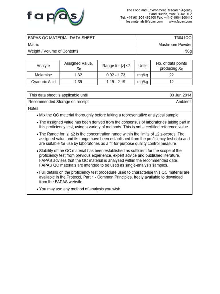 Melamine QC Sample Data Sheet T3041QC | PDF