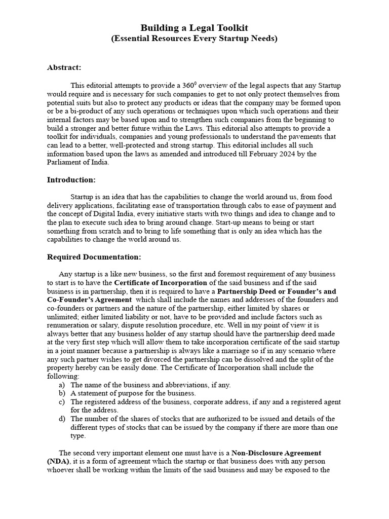 Essential Legal Toolkit for Startups | PDF | Non Disclosure Agreement ...
