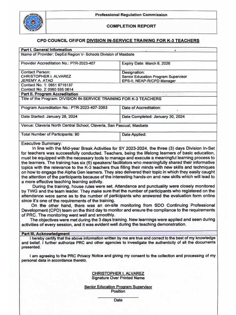 Completion Report Inset KS1 | PDF