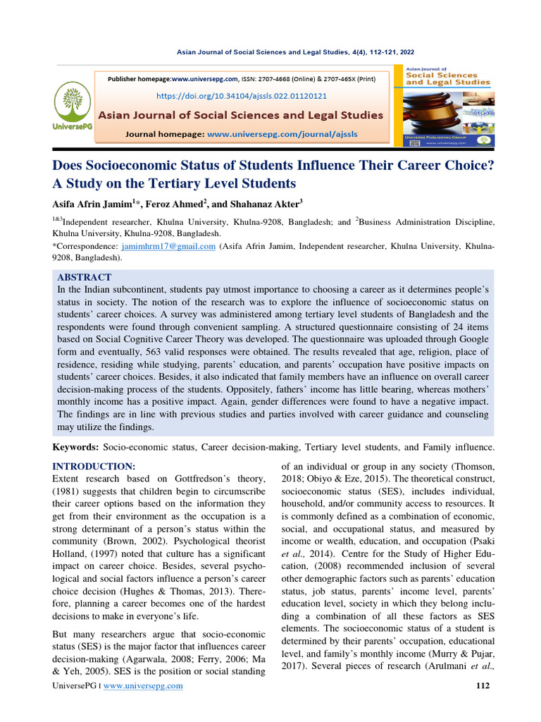 Does Socioeconomic Status of Students Influence Their Career Choice | PDF | Socioeconomic Status ...