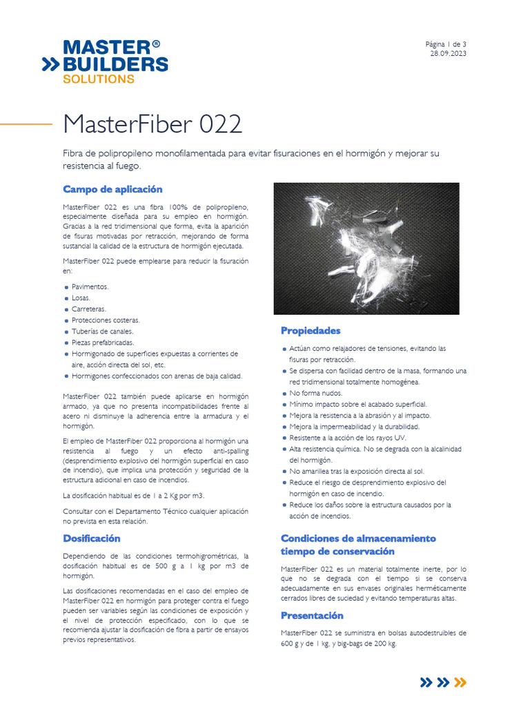Masterfiber 022 | PDF | Hormigón | Materiales