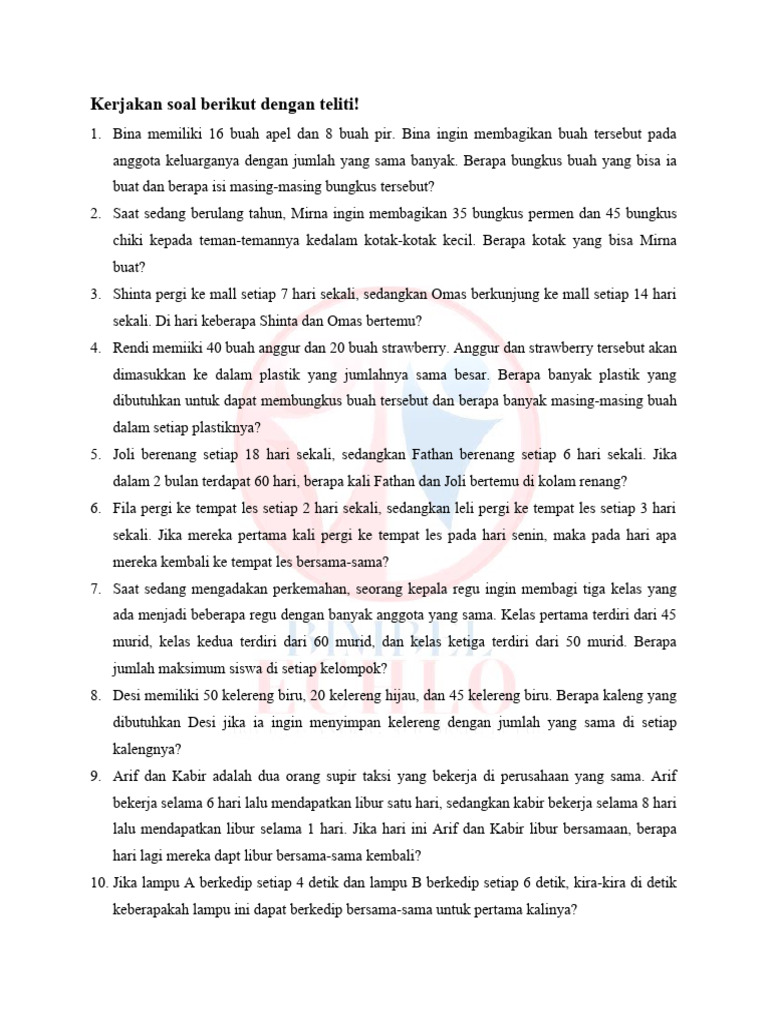 Soal FPB dan KPK untuk Kelas 5 | PDF | Seni & Disiplin Bahasa