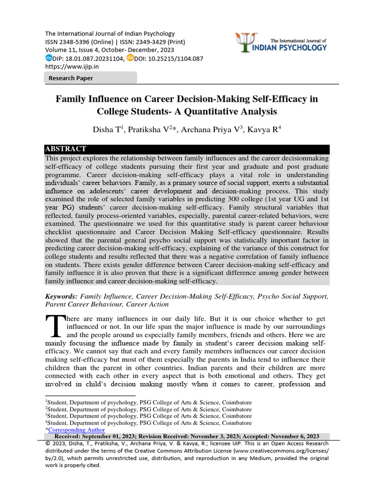 Family Influence On Career Decision-Making Self-Efficacy in College Students-A Quantitative ...