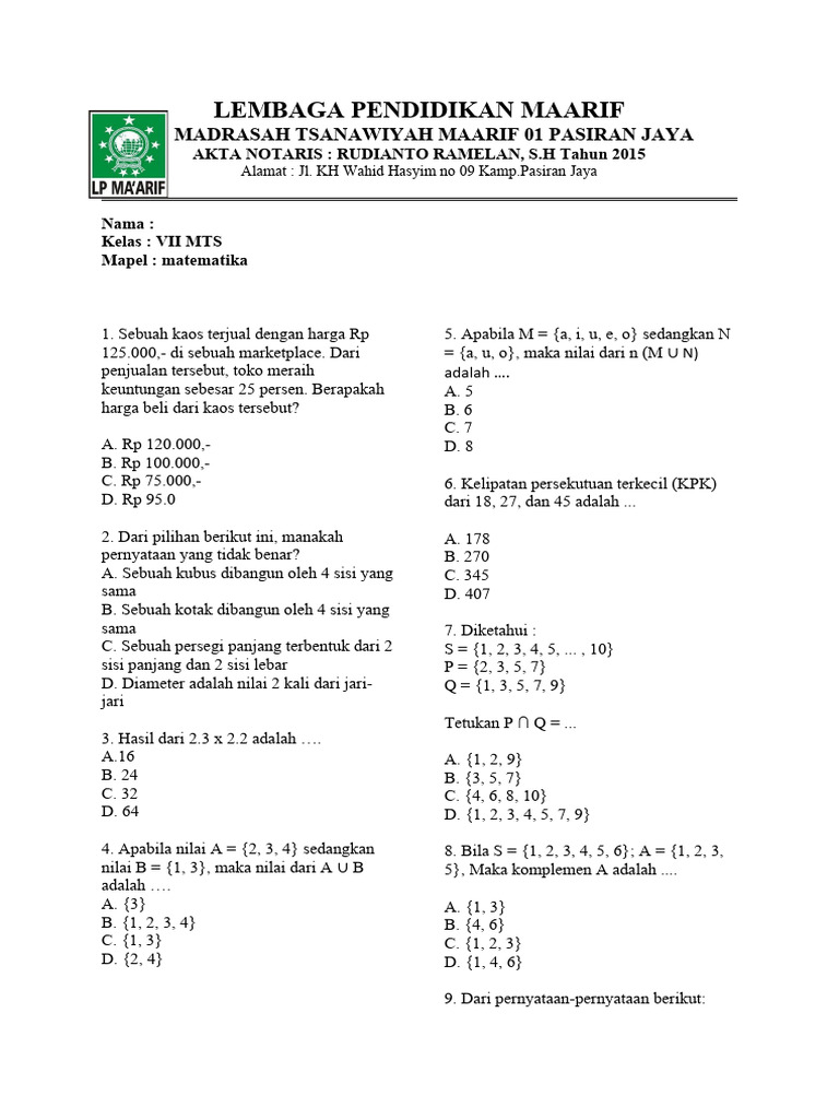 Soal Ulangan MTK 7 2 Uas | PDF