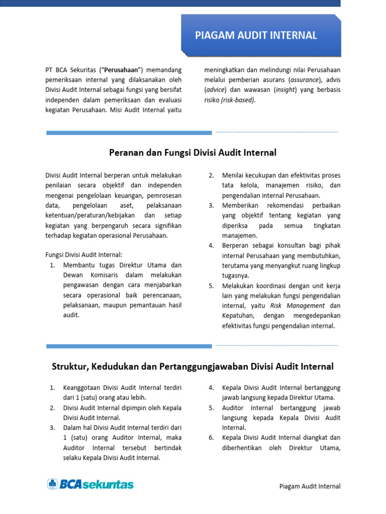 Piagam Audit Internal PT Bca Sekuritas 2021 | PDF